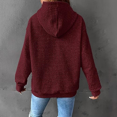 CLARIDGE Women Waffle Hoodie 2023 Fashion Fall Clothes Solid Color Casual Drawstring Pullover Hooded Sweatshirts with Pockets Red