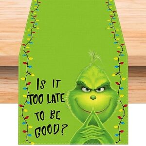 linen grinch christmas table runner 72 inches long grinch decor green whoville christmas xmas winter holiday home kitchen dinging room table decorations