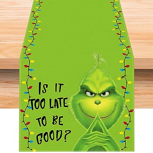 Linen Grinch Christmas Table Runner 72 Inches Long Grinch Decor Green Whoville Christmas Xmas Winter Holiday Home Kitchen Dinging Room Table Decorations