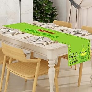 Linen Grinch Christmas Table Runner 72 Inches Long Grinch Decor Green Whoville Christmas Xmas Winter Holiday Home Kitchen Dinging Room Table Decorations