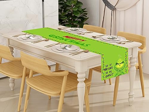 Linen Grinch Christmas Table Runner 72 Inches Long Grinch Decor Green Whoville Christmas Xmas Winter Holiday Home Kitchen Dinging Room Table Decorations