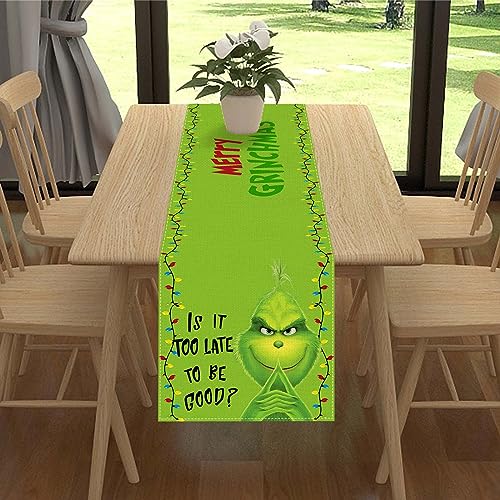 Linen Grinch Christmas Table Runner 72 Inches Long Grinch Decor Green Whoville Christmas Xmas Winter Holiday Home Kitchen Dinging Room Table Decorations