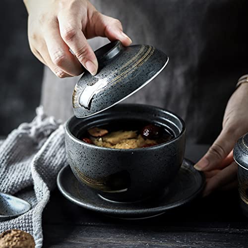 BESTonZON Japanese Ramen Miso Soup Bowl with Lid Japanese Rice Bowl Ceramic Cereal Bowl with Lid Traditional Bowls Noodle Bowl Lacquer Bowl Mini Steamer