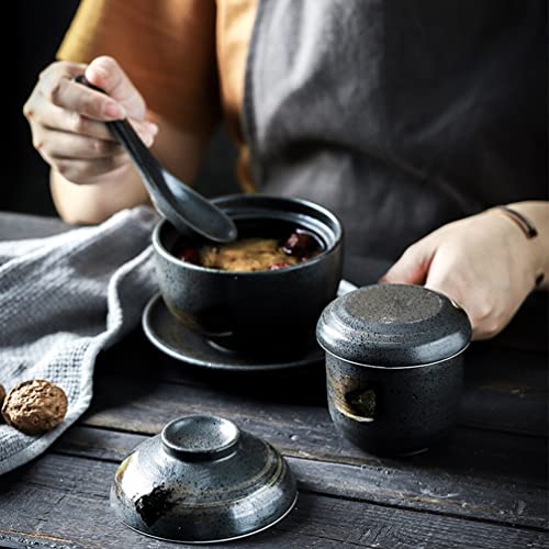 BESTonZON Japanese Ramen Miso Soup Bowl with Lid Japanese Rice Bowl Ceramic Cereal Bowl with Lid Traditional Bowls Noodle Bowl Lacquer Bowl Mini Steamer