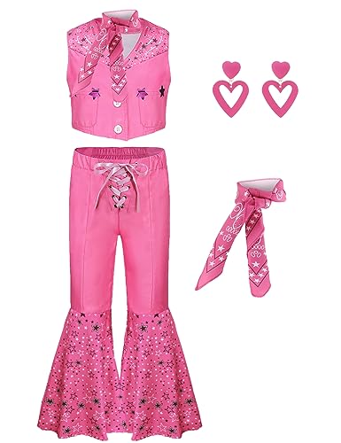 Girls Cowboy Costume Movie Pink 80s Cowgirl Kids Uniform Set with Scarf and Earrings ZF019S