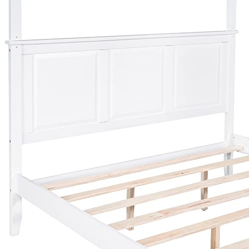 BIADNBZ Queen Size Canopy Platform Bed with Headboard and Footboard,Wooden Bedframe with Slat Support Leg for Bedroom Guest Room,No Box Spring Needed,White