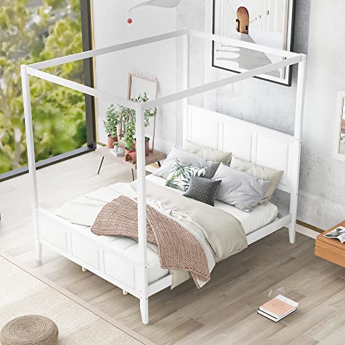 BIADNBZ Queen Size Canopy Platform Bed with Headboard and Footboard,Wooden Bedframe with Slat Support Leg for Bedroom Guest Room,No Box Spring Needed,White