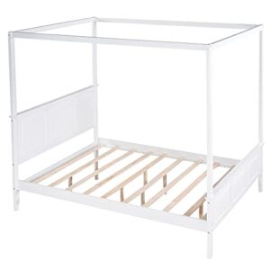 BIADNBZ Queen Size Canopy Platform Bed with Headboard and Footboard,Wooden Bedframe with Slat Support Leg for Bedroom Guest Room,No Box Spring Needed,White