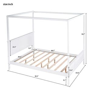 BIADNBZ Queen Size Canopy Platform Bed with Headboard and Footboard,Wooden Bedframe with Slat Support Leg for Bedroom Guest Room,No Box Spring Needed,White