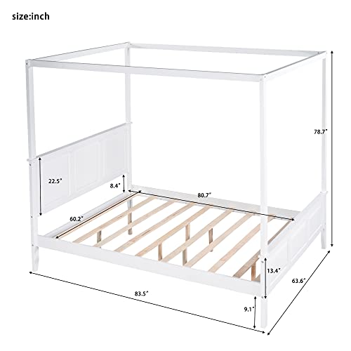 BIADNBZ Queen Size Canopy Platform Bed with Headboard and Footboard,Wooden Bedframe with Slat Support Leg for Bedroom Guest Room,No Box Spring Needed,White