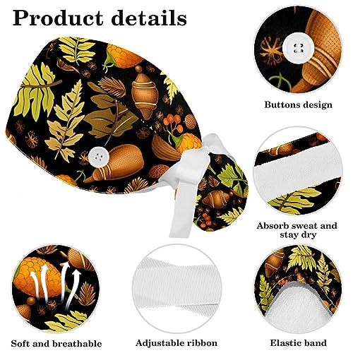 Thanksgiving Acorn Working Cap with Button Sweatband Adjustable Tie Back Bouffant Hats with Scrunchie