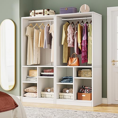 Tribesigns Wardrobe Closet, White Wood Armoire Wardrobe Closet with Open Storage Shelves and Hanging Rod, Freestanding Wardrobe Cabinet for Bedroom (1 PCS)