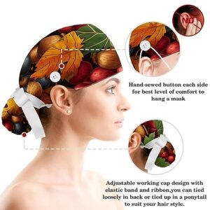 Thanksgiving Acorn Working Cap with Button Sweatband Adjustable Tie Back Bouffant Hats with Scrunchie