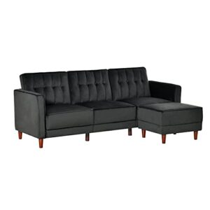 homcom upholstered l-shaped sofa bed, reversible sectional recliner sofa set, velvet-touch sleeper futon with footstool, black