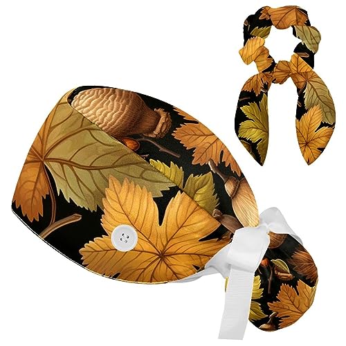 Thanksgiving Acorn Working Cap with Button Sweatband Adjustable Tie Back Bouffant Hats with Scrunchie