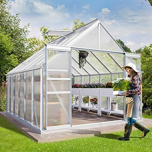 YITAHOME 10x12FT Polycarbonate Greenhouse Large Heavy Duty Green Houses Outdoor Aluminum Greenhouses with Sliding Doors Vent Window Premium Walk-in Greenhouse for Garden Backyard, Matte Sliver