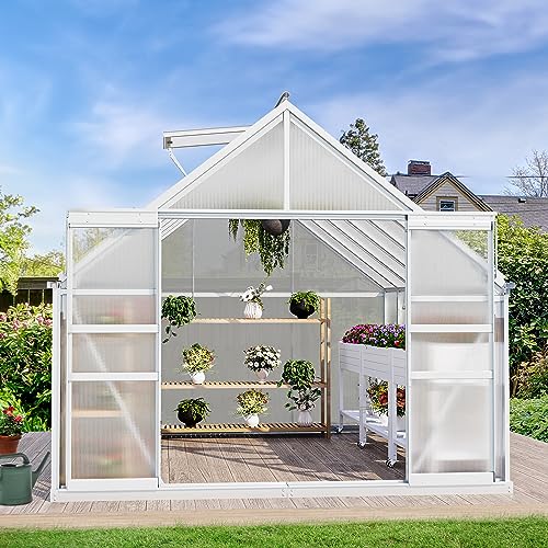 YITAHOME 10x12FT Polycarbonate Greenhouse Large Heavy Duty Green Houses Outdoor Aluminum Greenhouses with Sliding Doors Vent Window Premium Walk-in Greenhouse for Garden Backyard, Matte Sliver