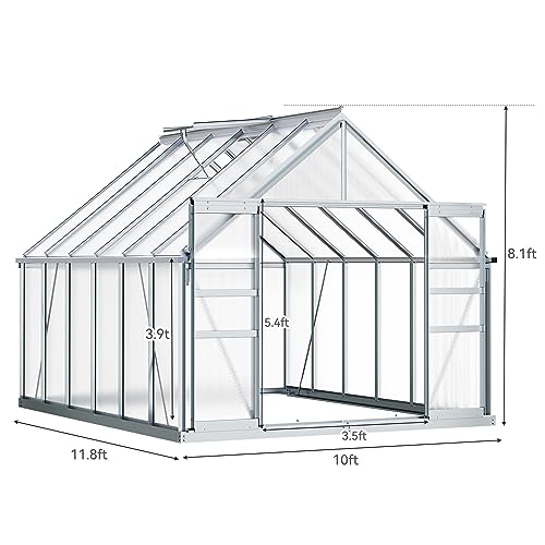 YITAHOME 10x12FT Polycarbonate Greenhouse Large Heavy Duty Green Houses Outdoor Aluminum Greenhouses with Sliding Doors Vent Window Premium Walk-in Greenhouse for Garden Backyard, Matte Sliver