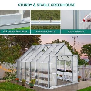 YITAHOME 10x12FT Polycarbonate Greenhouse Large Heavy Duty Green Houses Outdoor Aluminum Greenhouses with Sliding Doors Vent Window Premium Walk-in Greenhouse for Garden Backyard, Matte Sliver