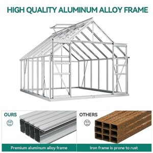 YITAHOME 10x12FT Polycarbonate Greenhouse Large Heavy Duty Green Houses Outdoor Aluminum Greenhouses with Sliding Doors Vent Window Premium Walk-in Greenhouse for Garden Backyard, Matte Sliver