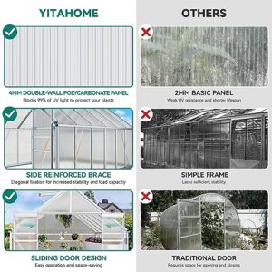 YITAHOME 10x12FT Polycarbonate Greenhouse Large Heavy Duty Green Houses Outdoor Aluminum Greenhouses with Sliding Doors Vent Window Premium Walk-in Greenhouse for Garden Backyard, Matte Sliver