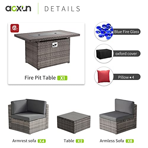 Aoxun Patio Furniture Set with Fire Pit Table 15 PCS Outdoor Furniture Outdoor Wicker Patio Conversation Sets with 44'' Gas Fire Pit Table Coffee Table, Grey