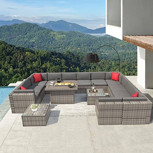 Aoxun Patio Furniture Set with Fire Pit Table 15 PCS Outdoor Furniture Outdoor Wicker Patio Conversation Sets with 44'' Gas Fire Pit Table Coffee Table, Grey