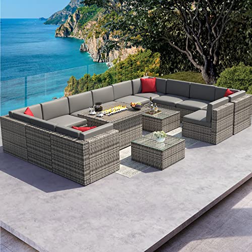 Aoxun Patio Furniture Set with Fire Pit Table 15 PCS Outdoor Furniture Outdoor Wicker Patio Conversation Sets with 44'' Gas Fire Pit Table Coffee Table, Grey