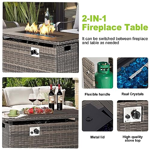 Aoxun Patio Furniture Set with Fire Pit Table 15 PCS Outdoor Furniture Outdoor Wicker Patio Conversation Sets with 44'' Gas Fire Pit Table Coffee Table, Grey