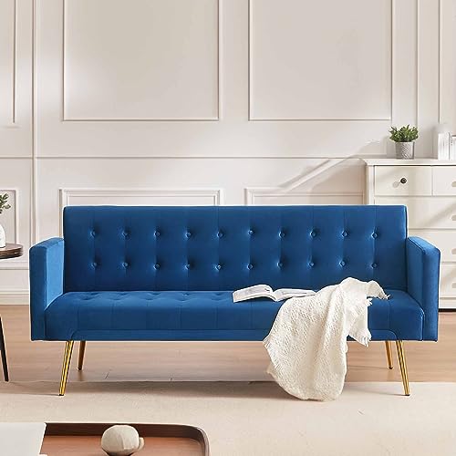 RIDFY 70” Modern Velvet Futon Sofa Bed, Convertible Sleeper Couch with Metal Legs/Armrests, Folding Upholstered Loveseat, 3 Adjustable, Memory Foam Living Seat, Recliner Sofa (Blue)