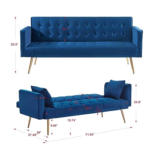 RIDFY 70” Modern Velvet Futon Sofa Bed, Convertible Sleeper Couch with Metal Legs/Armrests, Folding Upholstered Loveseat, 3 Adjustable, Memory Foam Living Seat, Recliner Sofa (Blue)