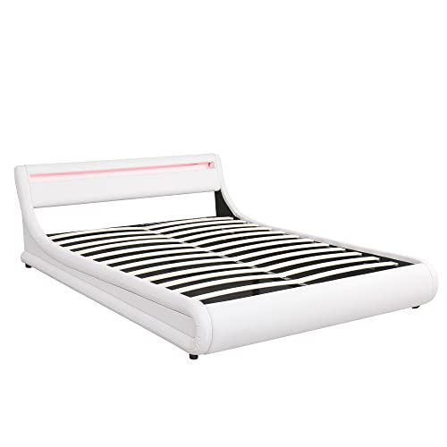 TARTOP Upholstered Faux Leather Platform Bed with a Hydraulic Storage System with LED Light Headboard Bed Frame with Slatted Queen Size,No Box Spring Needed,White