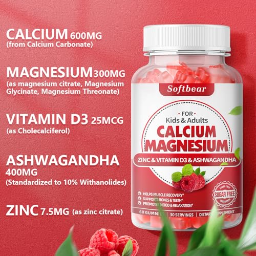 Calcium Magnesium Zinc Gummies, Sugar Free Calcium Supplement for Women Men, High Absorption Calcium with Vitamin D3 Gummies for Bone & Muscle & Nerve Health, Vegan Raspberry Flavor - 60 Count