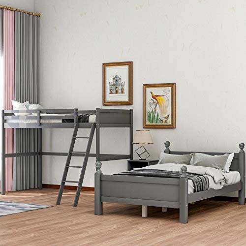 FIQHOME Twin Over Full Loft Bed with Cabinet,Wood Loft Bed Frame, Convertible into 2 Single Beds,for Kids Teens Adults, No Box Spring Needed, Gray