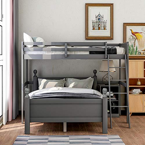 FIQHOME Twin Over Full Loft Bed with Cabinet,Wood Loft Bed Frame, Convertible into 2 Single Beds,for Kids Teens Adults, No Box Spring Needed, Gray