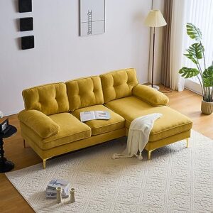 P PURLOVE Modern 3 Seater Sectional Sofa, L Shape Sofa with Comfortable Soft Back and Armrest, Modern Luxury Velvet Couch with Strong Metal Legs for Living Room Bedroom (Yellow)