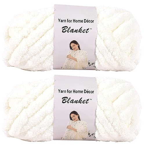 Chenille Chunky Yarn Arm Knitting Thick Bulky DIY for Knit Blanket Cushion Bed Sofa Home Decor (Ivory, 2-Pack, 0.5kg/1.1 lb, 48 Yards)