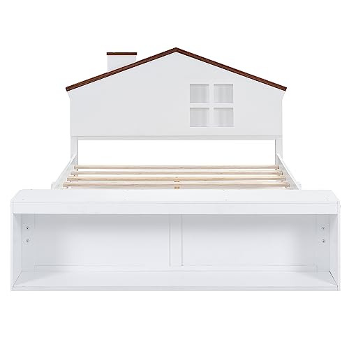 FIQHOME Full Size House Platform Bed,Wooden Kids Full Platform Bed Frame with LED Lights and Storage, Cute Single Full Led Bed for Girls Boys,No Box Spring Needed,White