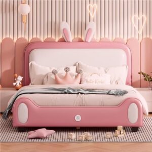 Quarte Cute Full Size Upholstered Rabbit-Shape Princess Bed,Full Size Leather Platform Bed with Headboard and Footboard for Kids Boys Girls