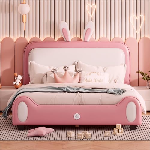 Quarte Cute Full Size Upholstered Rabbit-Shape Princess Bed,Full Size Leather Platform Bed with Headboard and Footboard for Kids Boys Girls