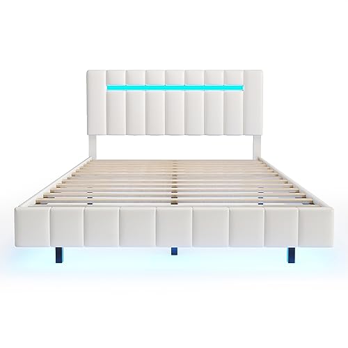 Modern Upholstered Platform LED Bed Frame, Queen Size Upholstered Bed with LED Lights and USB Charging, Floating Bed Frame with Wood Slats Suooprt, No Box Spring Needed (White, Floating Bed Frame 6)