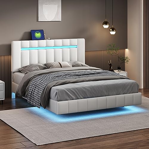 Modern Upholstered Platform LED Bed Frame, Queen Size Upholstered Bed with LED Lights and USB Charging, Floating Bed Frame with Wood Slats Suooprt, No Box Spring Needed (White, Floating Bed Frame 6)