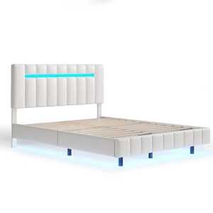 Modern Upholstered Platform LED Bed Frame, Queen Size Upholstered Bed with LED Lights and USB Charging, Floating Bed Frame with Wood Slats Suooprt, No Box Spring Needed (White, Floating Bed Frame 6)