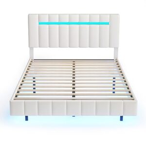 Modern Upholstered Platform LED Bed Frame, Queen Size Upholstered Bed with LED Lights and USB Charging, Floating Bed Frame with Wood Slats Suooprt, No Box Spring Needed (White, Floating Bed Frame 6)