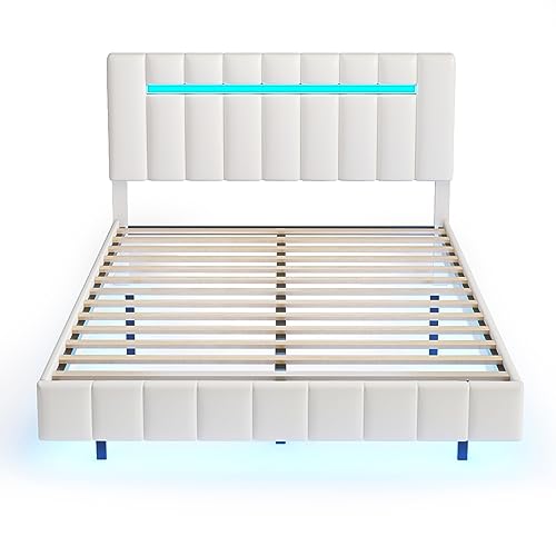 Modern Upholstered Platform LED Bed Frame, Queen Size Upholstered Bed with LED Lights and USB Charging, Floating Bed Frame with Wood Slats Suooprt, No Box Spring Needed (White, Floating Bed Frame 6)