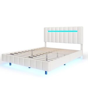 Modern Upholstered Platform LED Bed Frame, Queen Size Upholstered Bed with LED Lights and USB Charging, Floating Bed Frame with Wood Slats Suooprt, No Box Spring Needed (White, Floating Bed Frame 6)