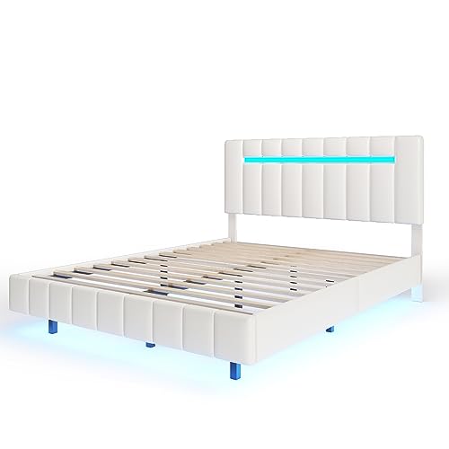 Modern Upholstered Platform LED Bed Frame, Queen Size Upholstered Bed with LED Lights and USB Charging, Floating Bed Frame with Wood Slats Suooprt, No Box Spring Needed (White, Floating Bed Frame 6)