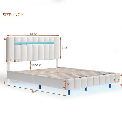 Modern Upholstered Platform LED Bed Frame, Queen Size Upholstered Bed with LED Lights and USB Charging, Floating Bed Frame with Wood Slats Suooprt, No Box Spring Needed (White, Floating Bed Frame 6)