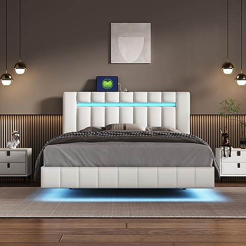 Modern Upholstered Platform LED Bed Frame, Queen Size Upholstered Bed with LED Lights and USB Charging, Floating Bed Frame with Wood Slats Suooprt, No Box Spring Needed (White, Floating Bed Frame 6)