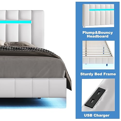 Modern Upholstered Platform LED Bed Frame, Queen Size Upholstered Bed with LED Lights and USB Charging, Floating Bed Frame with Wood Slats Suooprt, No Box Spring Needed (White, Floating Bed Frame 6)